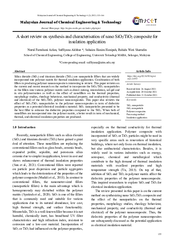 Pdf A Short Review On Synthesis And Characterisation Of Nano Sio2 Tio2 Composite For