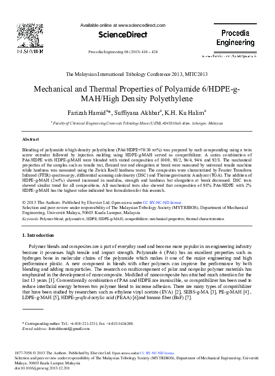 (PDF) Mechanical and Thermal Properties of Polyamide 6/HDPE-g- MAH/High ...