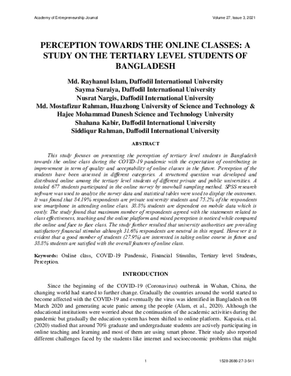 (PDF) Perception Towards the Online Classes: A Study on the Tertiary ...