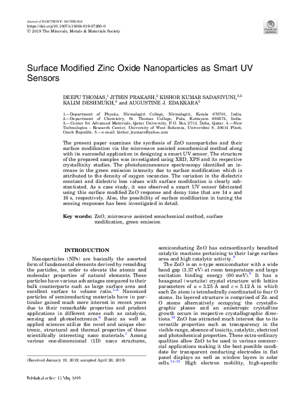 (PDF) Surface Modified Zinc Oxide Nanoparticles as Smart UV Sensors