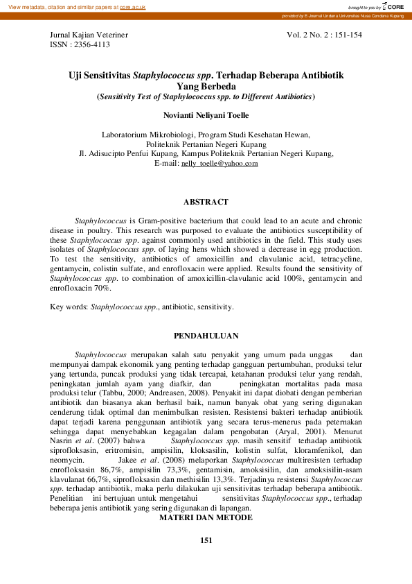 (PDF) Uji Sensitivitas Staphylococcus spp. Terhadap Beberapa Antibiotik ...