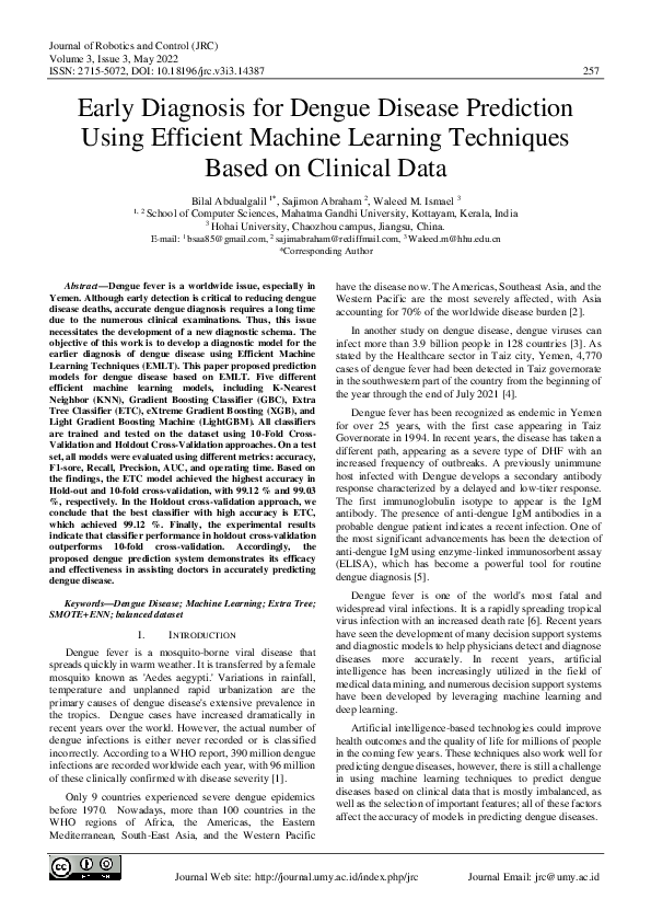 (PDF) Early Diagnosis for Dengue Disease Prediction Using Efficient Machine Learning Techniques ...
