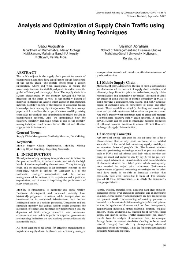 (PDF) Analysis and Optimization of Supply Chain Traffic using Mobility Mining Techniques