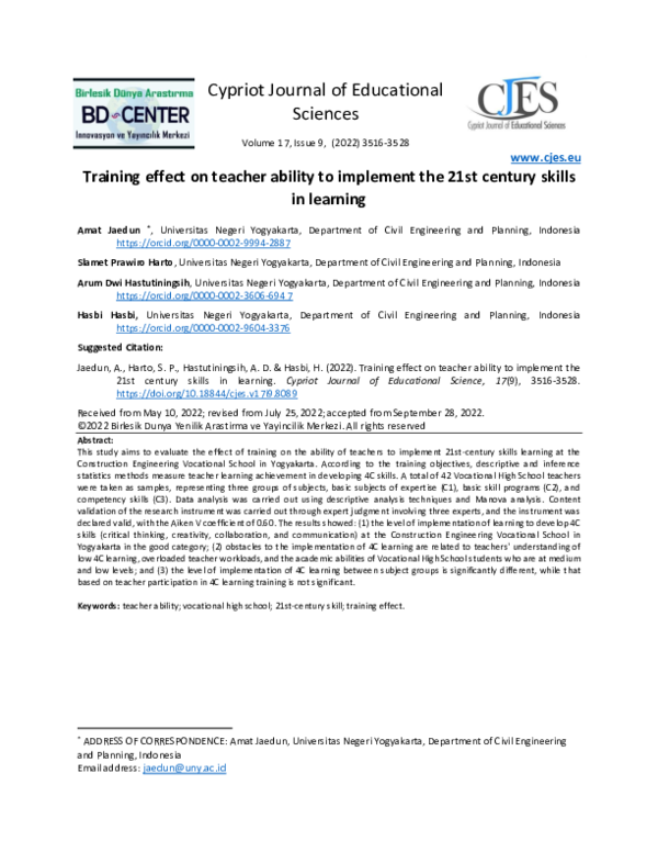 (PDF) Training effect on teacher ability to implement the 21st century skills in learning