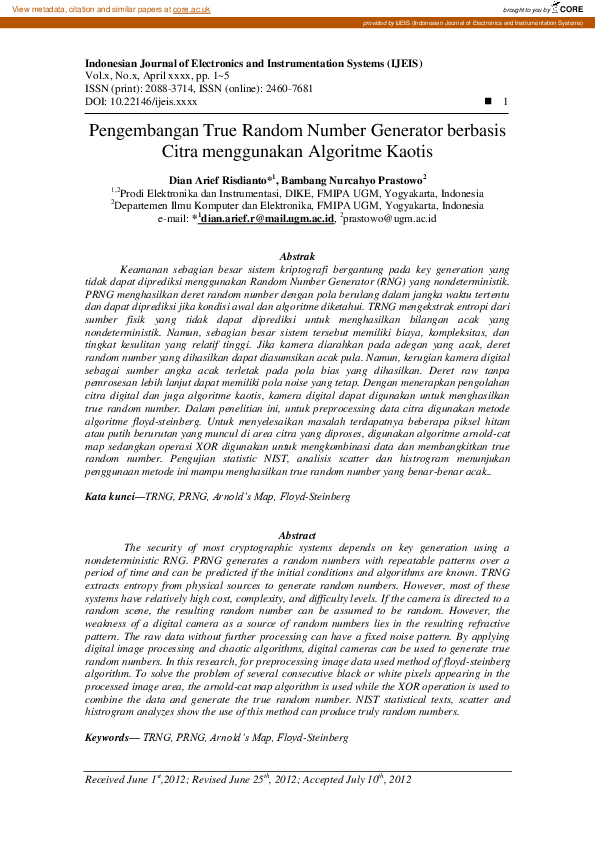 (PDF) Pengembangan True Random Number Generator berbasis Citra menggunakan Algoritme Kaotis