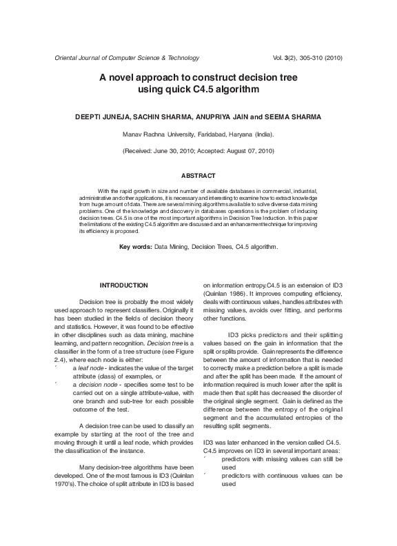 (PDF) A Novel Approach to Construct Decision Tree Using Quick C4.5 Algorithm