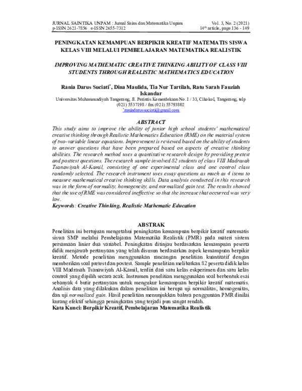 (PDF) Peningkatan Kemampuan Berpikir Kreatif Matematis Siswa Kelas VIII Melalui Pembelajaran ...