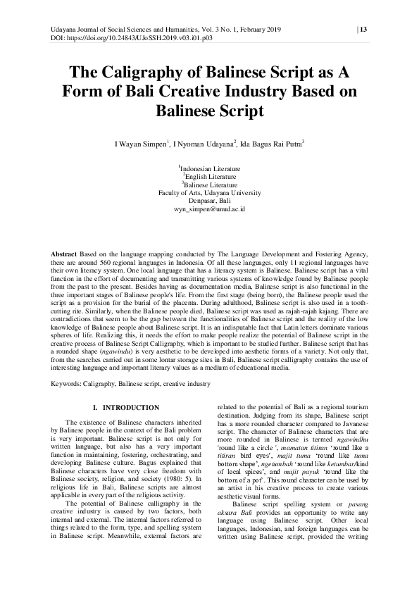 (PDF) The Caligraphy of Balinese Script as a Form of Bali Creative Industry Based on Balinese Script