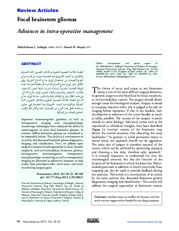 Pdf Focal Brainstem Gliomas Advances In Intra Operative Management