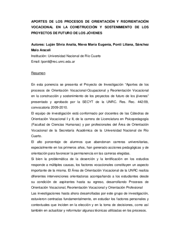 (PDF) Aportes de los procesos de orientación y reorientación vocacional ...