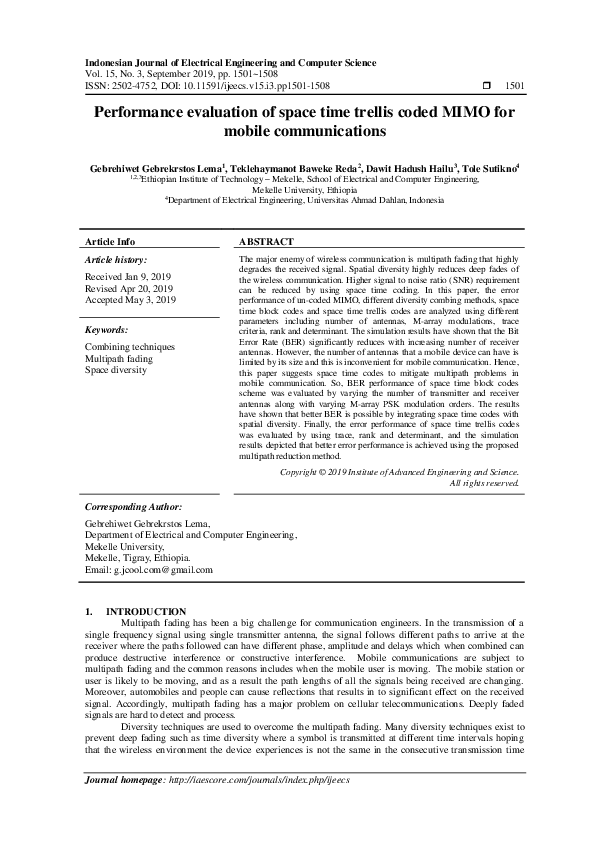 Pdf Performance Evaluation Of Space Time Trellis Coded Mimo For