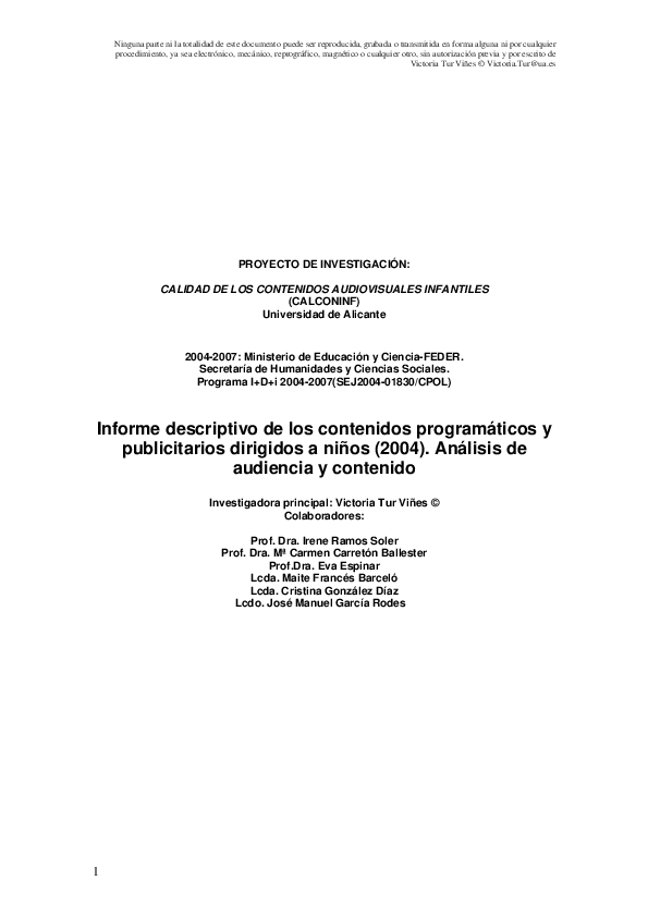 (PDF) Informe descriptivo de los contenidos programáticos y publicitarios dirigidos a niños ...
