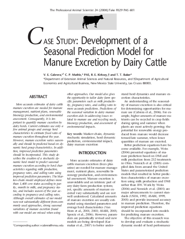 Pdf Development Of A Seasonal Prediction Model For Manure Excretion By Dairy Cattle Victor