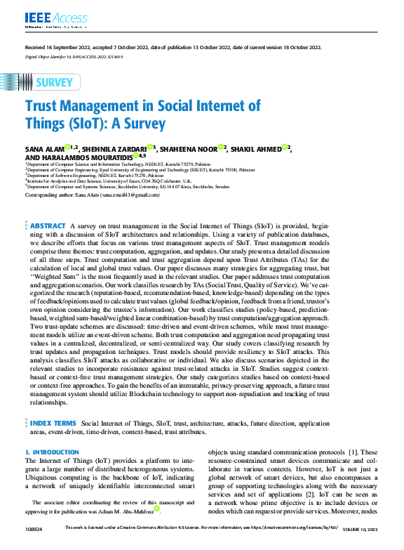 (PDF) Trust Management in Social Internet of Things (SIoT): A Survey