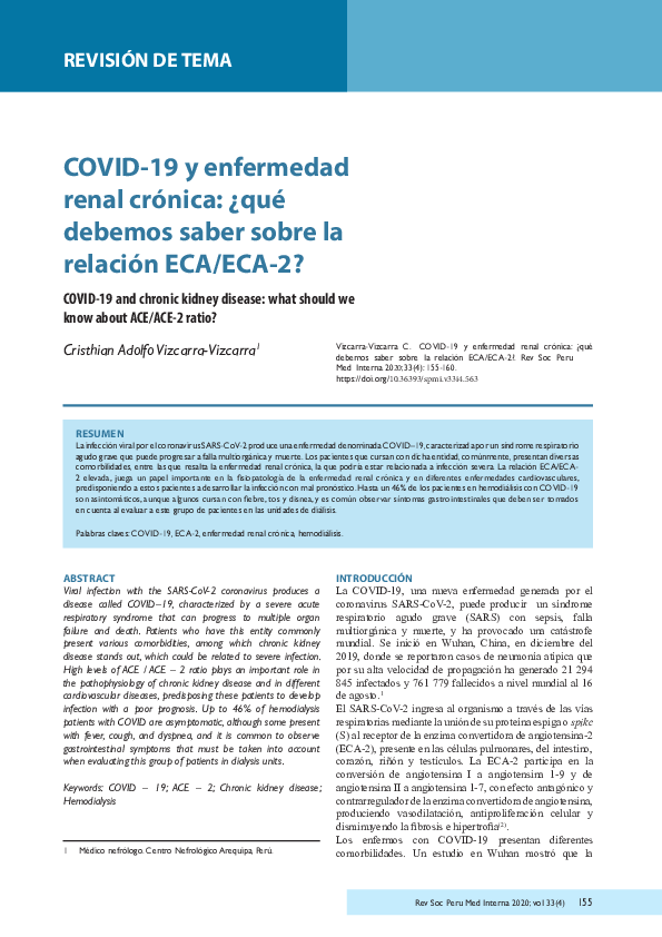 (PDF) COVID-19 y enfermedad renal crónica: ¿qué debemos saber sobre la relación ECA/ECA-2?