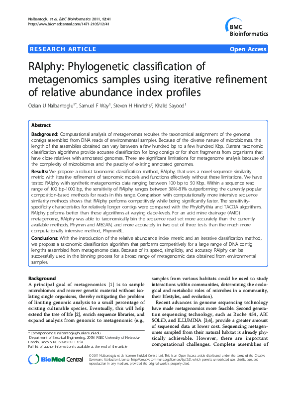 (PDF) RAIphy: Phylogenetic classification of metagenomics samples using iterative refinement of ...