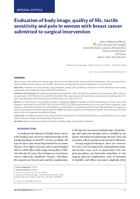 (PDF) Evaluation of body image, quality of life, tactile sensitivity ...