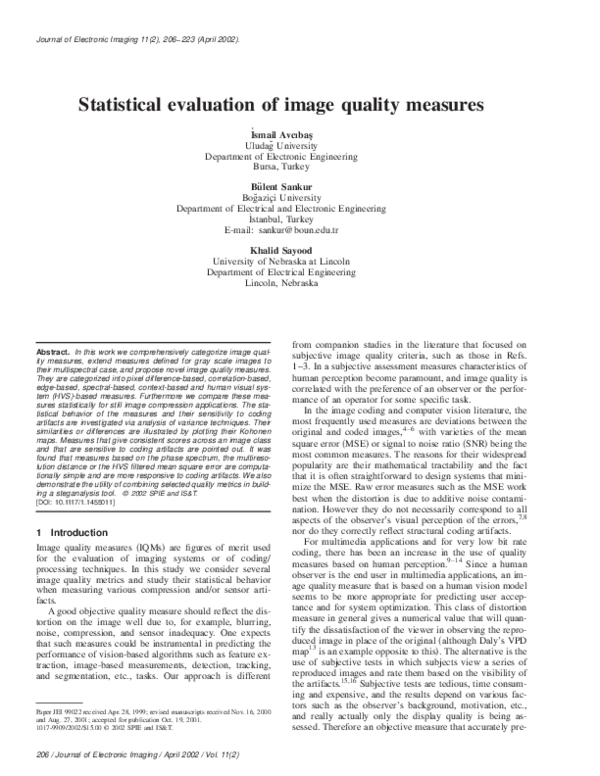 (PDF) Statistical evaluation of image quality measures