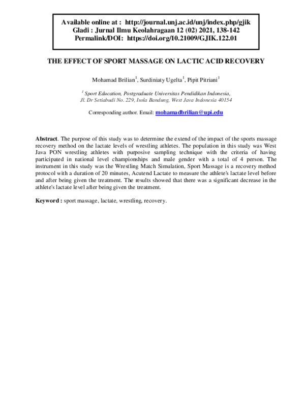 (PDF) The Effect of Sport Massage on Lactic Acid Recovery | pipit ...