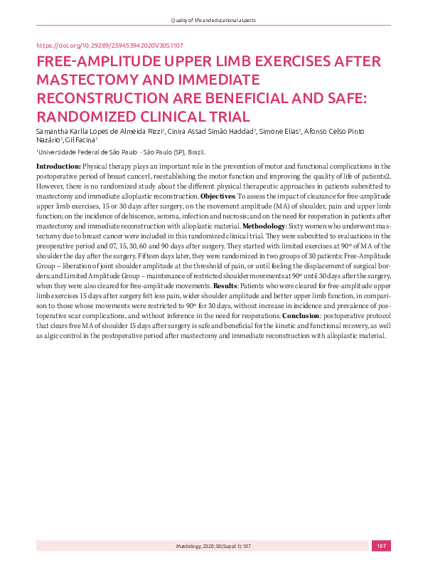 (PDF) Free-amplitude upper limb exercises after mastectomy and ...