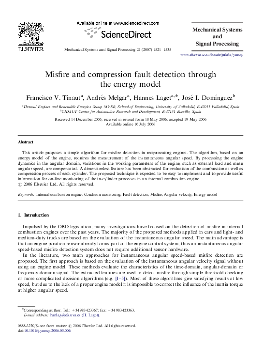 Pdf Misfire Detection In Engines Via Energy Model Algorithm