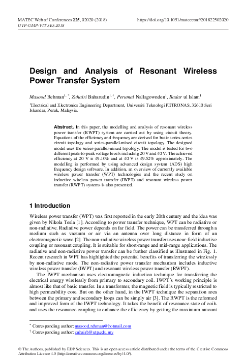 (PDF) Design and Analysis of Resonant Wireless Power Transfer System
