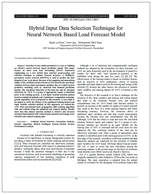 (PDF) Hybrid Input Data Selection Technique for Neural Network Based Load Forecast Model