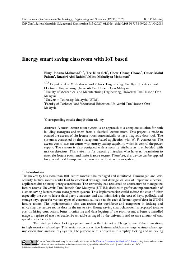 (PDF) Energy smart saving classroom with IoT based