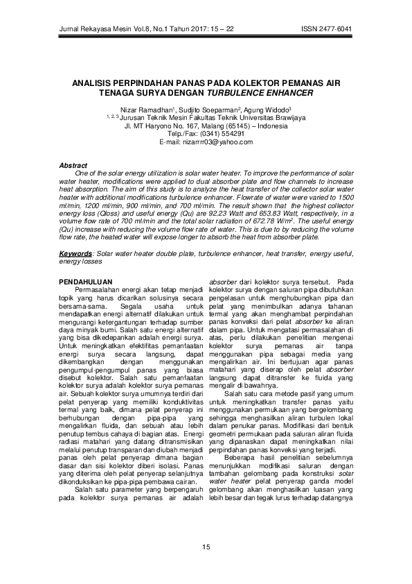 (PDF) Analisis Perpindahan Panas pada Kolektor Pemanas Air Tenaga Surya ...