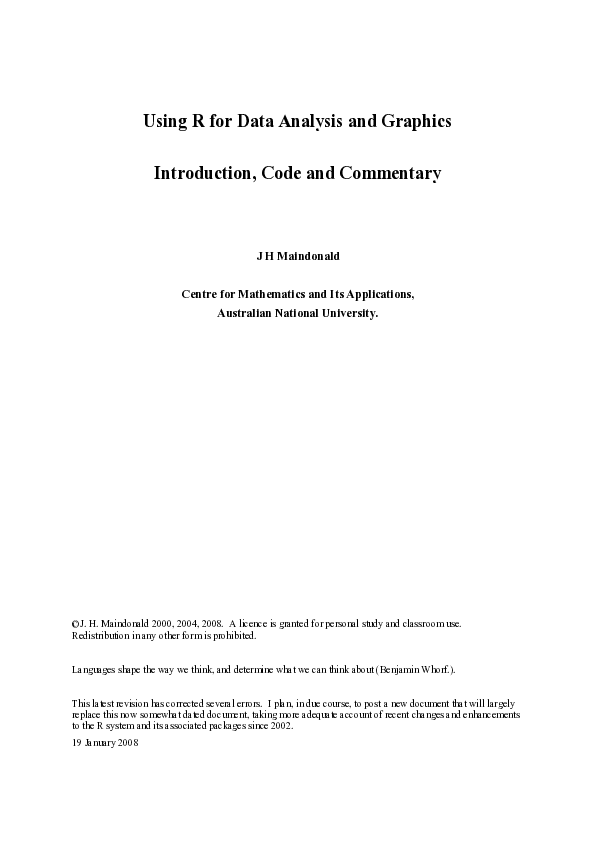 (PDF) Using R for Data Analysis and Graphics Introduction, Code and Commentary