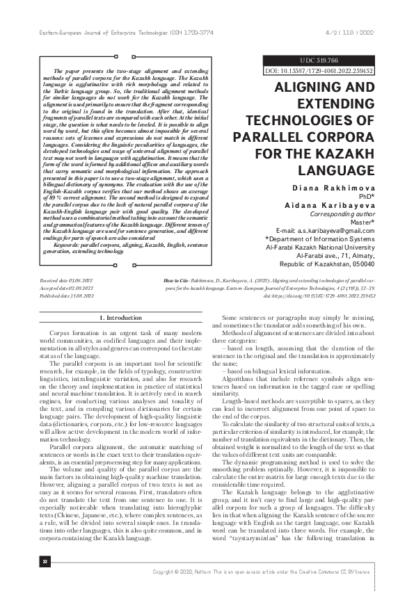 (PDF) Aligning and extending technologies of parallel corpora for the Kazakh language