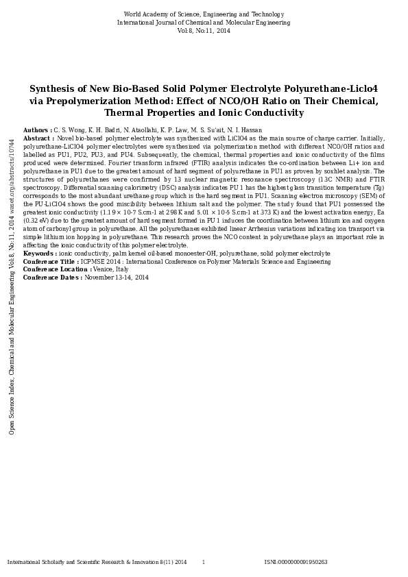 (PDF) Synthesis of New Bio-Based Solid Polymer Electrolyte Polyurethane ...