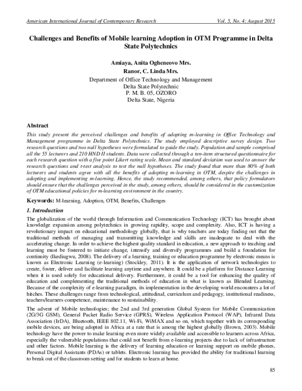 (PDF) Challenges and Benefits of Mobile learning Adoption in OTM ...