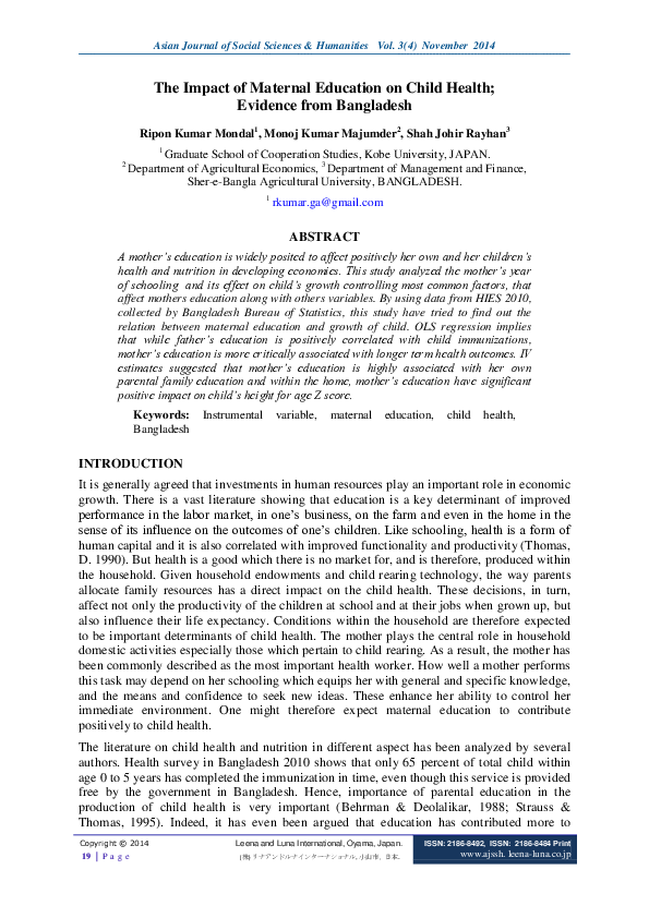 (PDF) The Impact of Maternal Education on Child Health; Evidence from ...