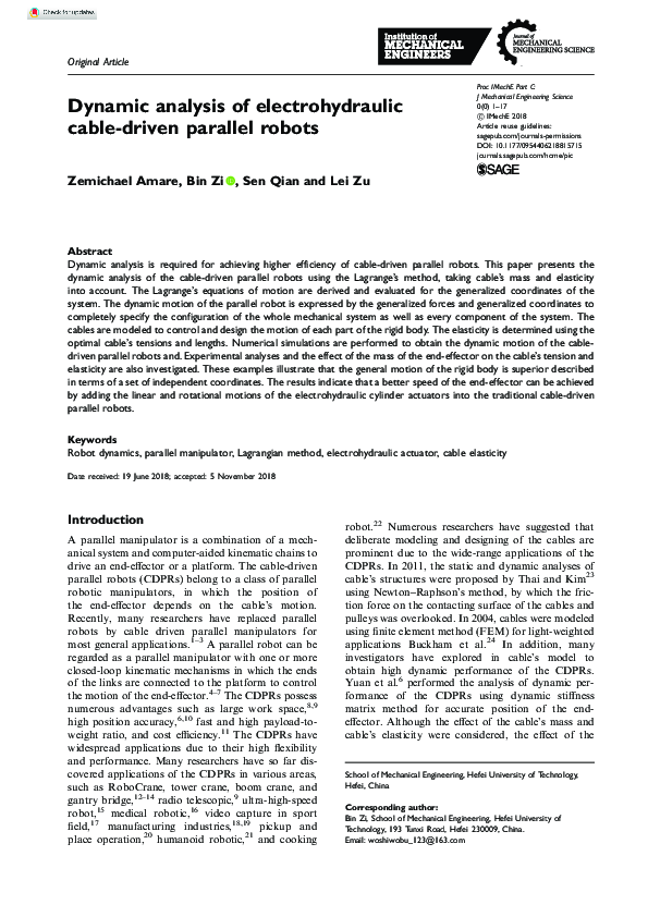 (PDF) Dynamic analysis of electrohydraulic cable-driven parallel robots