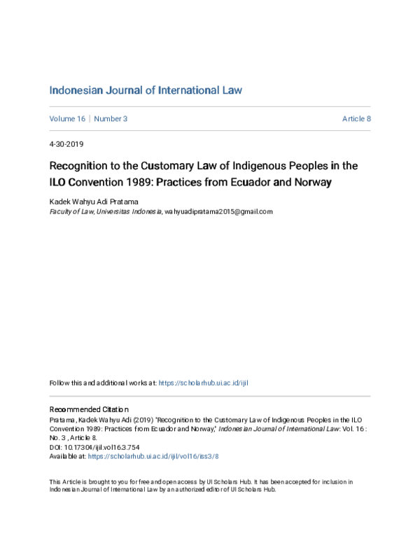 (PDF) Recognition to the Customary Law of Indigenous Peoples in the ILO ...