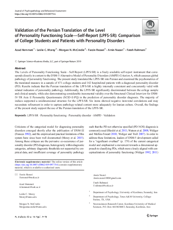 (PDF) Validation of the Persian Translation of the Level of Personality ...