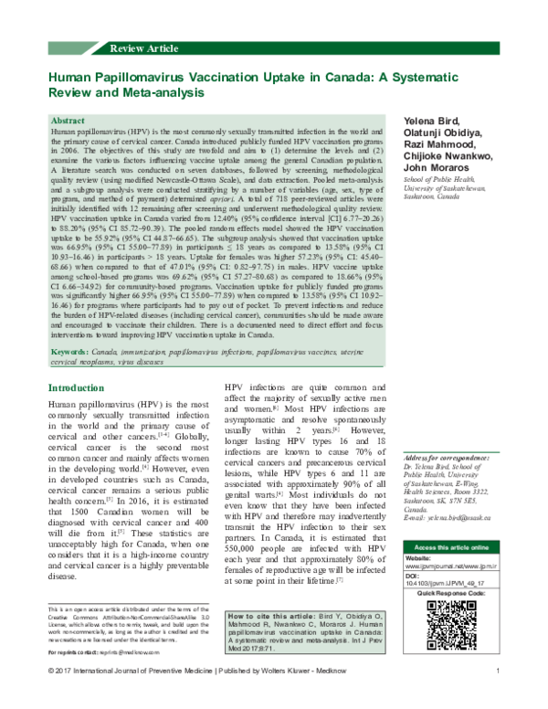 (PDF) Human papillomavirus vaccination uptake in Canada: A systematic ...