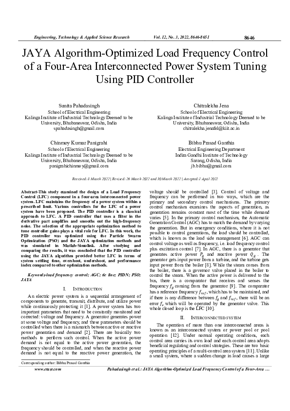 (PDF) JAYA Algorithm-Optimized Load Frequency Control of a Four-Area Interconnected Power System ...