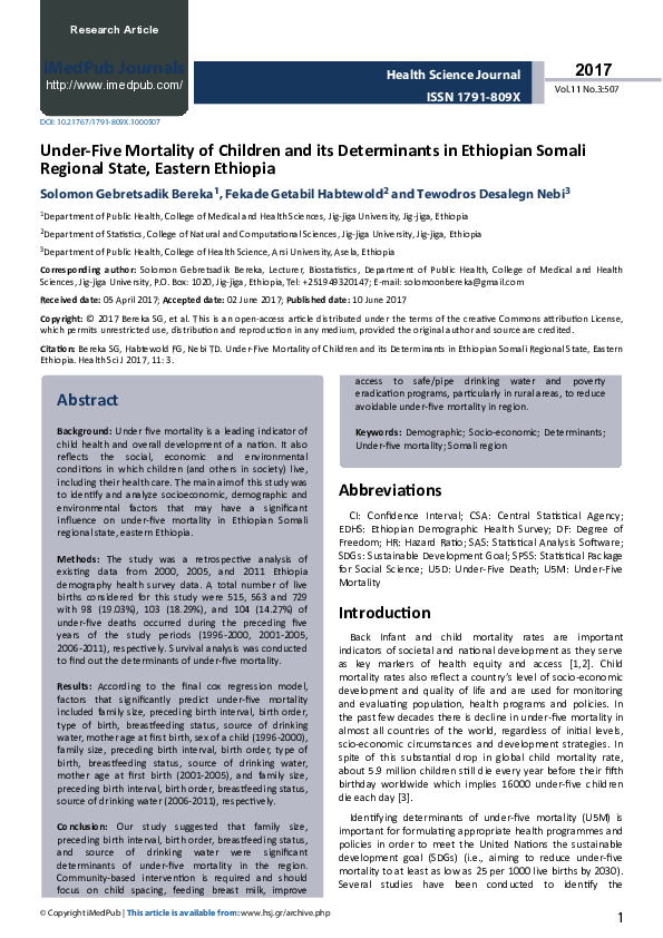 (PDF) Under-Five Mortality of Children and its Determinants in Ethiopian Somali Regional State ...