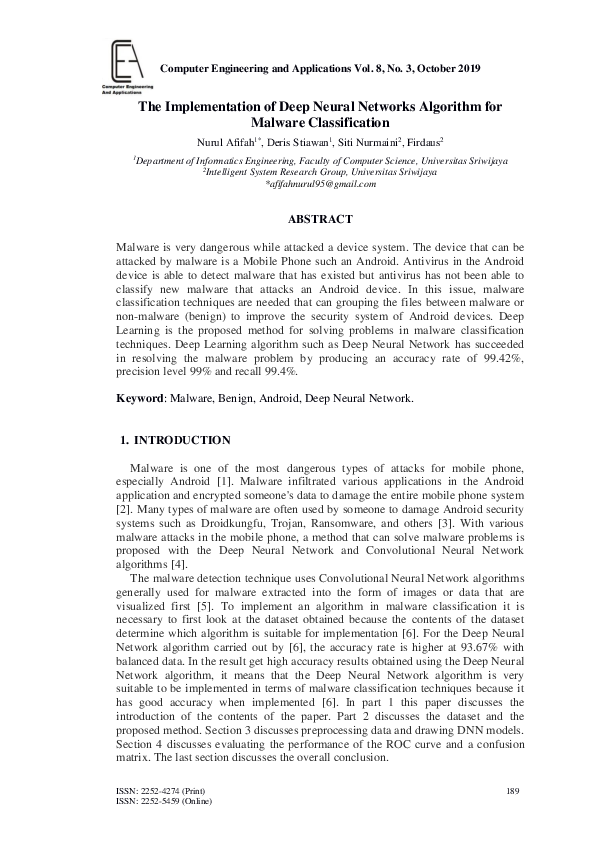 (PDF) The Implementation of Deep Neural Networks Algorithm for Malware Classification | Nurul ...
