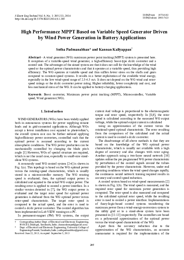 Pdf High Performance Mppt Based On Variable Speed Generator Driven By