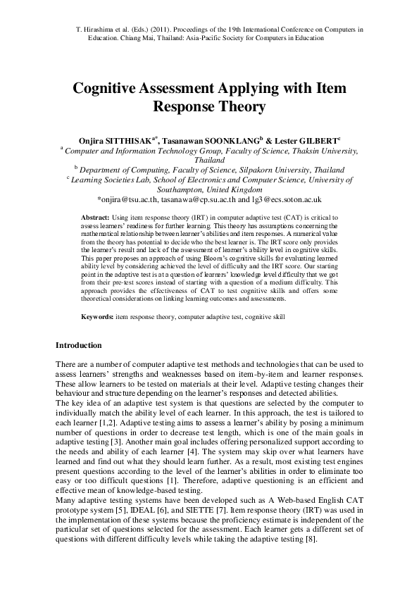 (PDF) Cognitive Assessment Applying with Item Response Theory