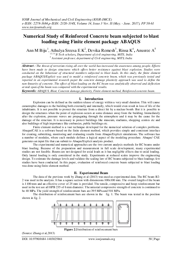 (PDF) Numerical Study of Reinforced Concrete beam subjected to blast loading using Finite ...