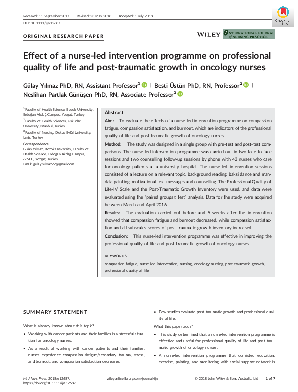 (PDF) Effect of a nurse-led intervention programme on professional quality of life and post ...