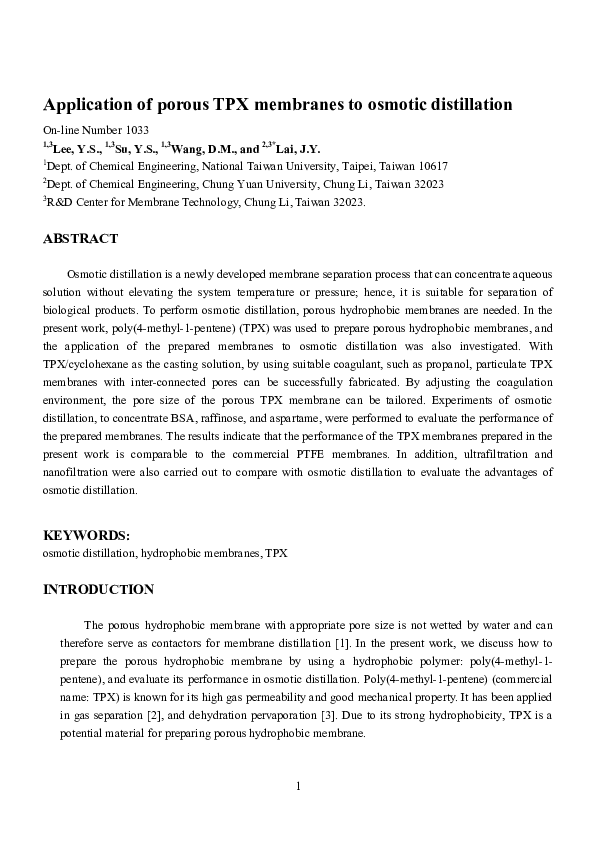 (PDF) Application of Porous TPX Membranes to Osmotic Distillation