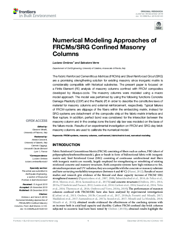 (PDF) Numerical Modeling Approaches of FRCMs/SRG Confined Masonry Columns