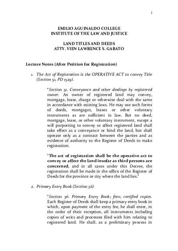 (PDF) Land Titles and Deeds Lecture Notes (post Land Registration)