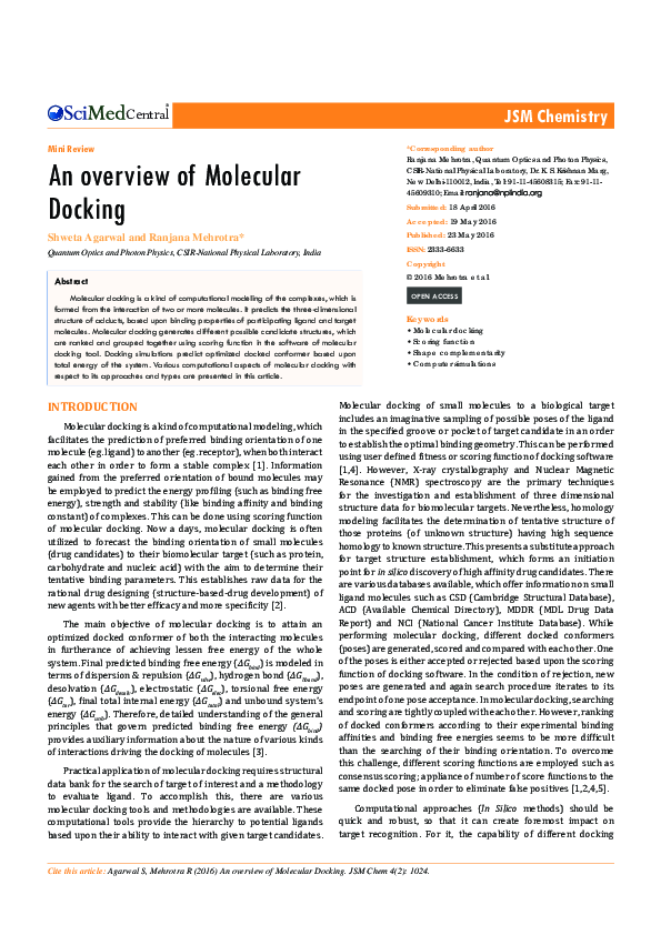 (PDF) An overview of Molecular Docking