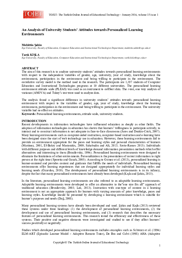(PDF) An Analysis of University Students' Attitudes towards Personalized Learning Environments